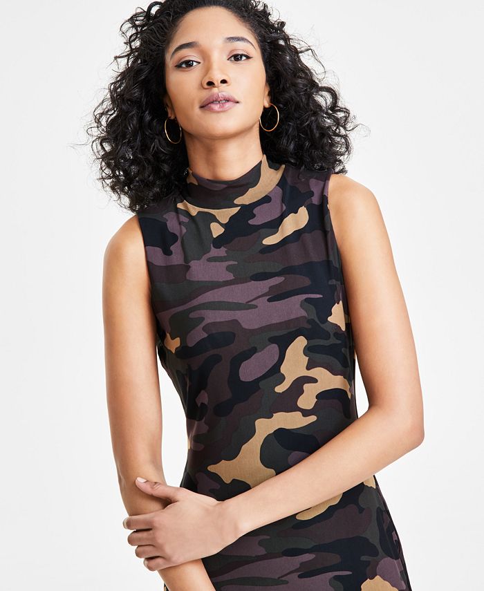 Bar III Women's Camo-Print Mock-Neck Sleeveless Mesh Midi Dress ...