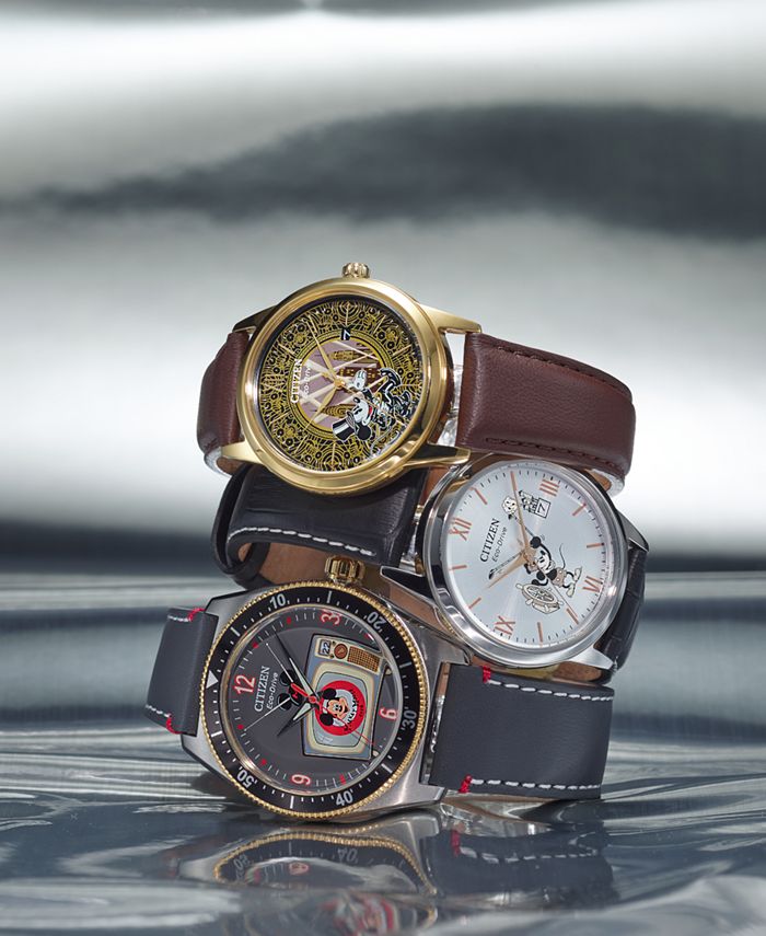 Citizen Eco-Drive Men's Mickey Mouse Fanfare Brown Leather Strap Watch ...