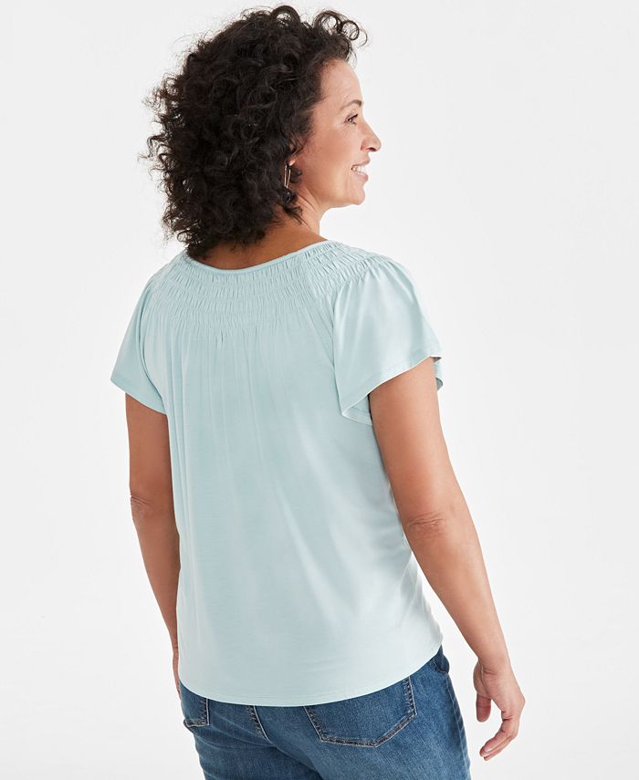 Style & Co Women's Short-Sleeve Smocked-Neck Knit Top, Created for Macy ...