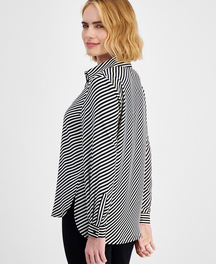 Anne Klein Petite Striped Covered-Placket Long-Sleeve Top - Macy's