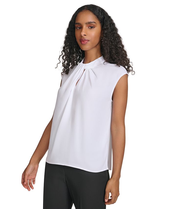 Calvin Klein Womens Pleated Keyhole High Neck Sleeveless Top Macys