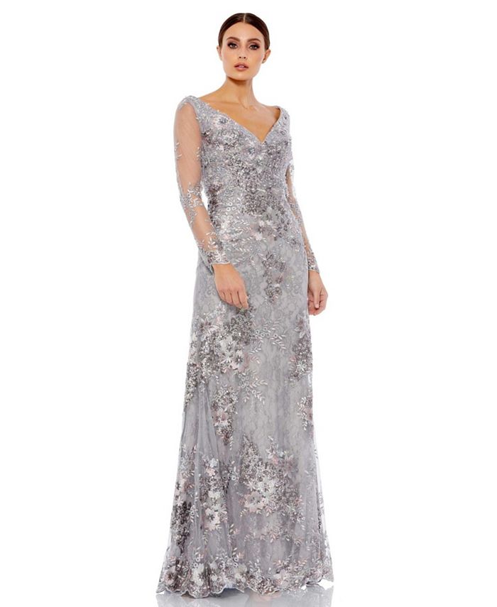 Mac Duggal Women's Embellished V Neck Illusion Long Sleeve Gown - Macy's