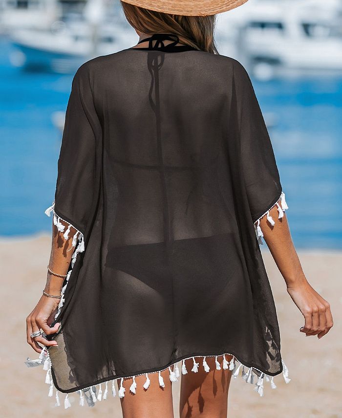 CUPSHE Women's Sheer Black & White Lace Tassel Trim Cover-Up - Macy's
