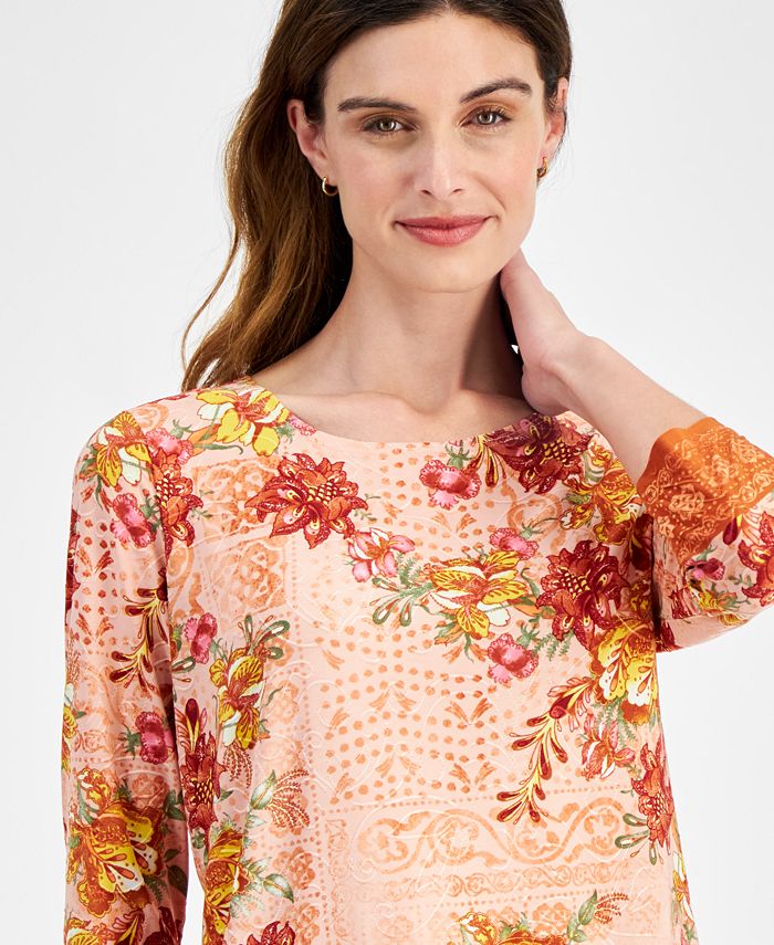 JM Collection Women's 3/4 Sleeve Jacquard Printed Top, Created for Macy ...