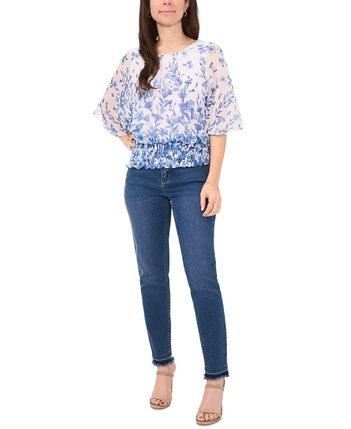 Sam & Jess Petite Printed Round-Neck Smocked-Waist Top - Macy's
