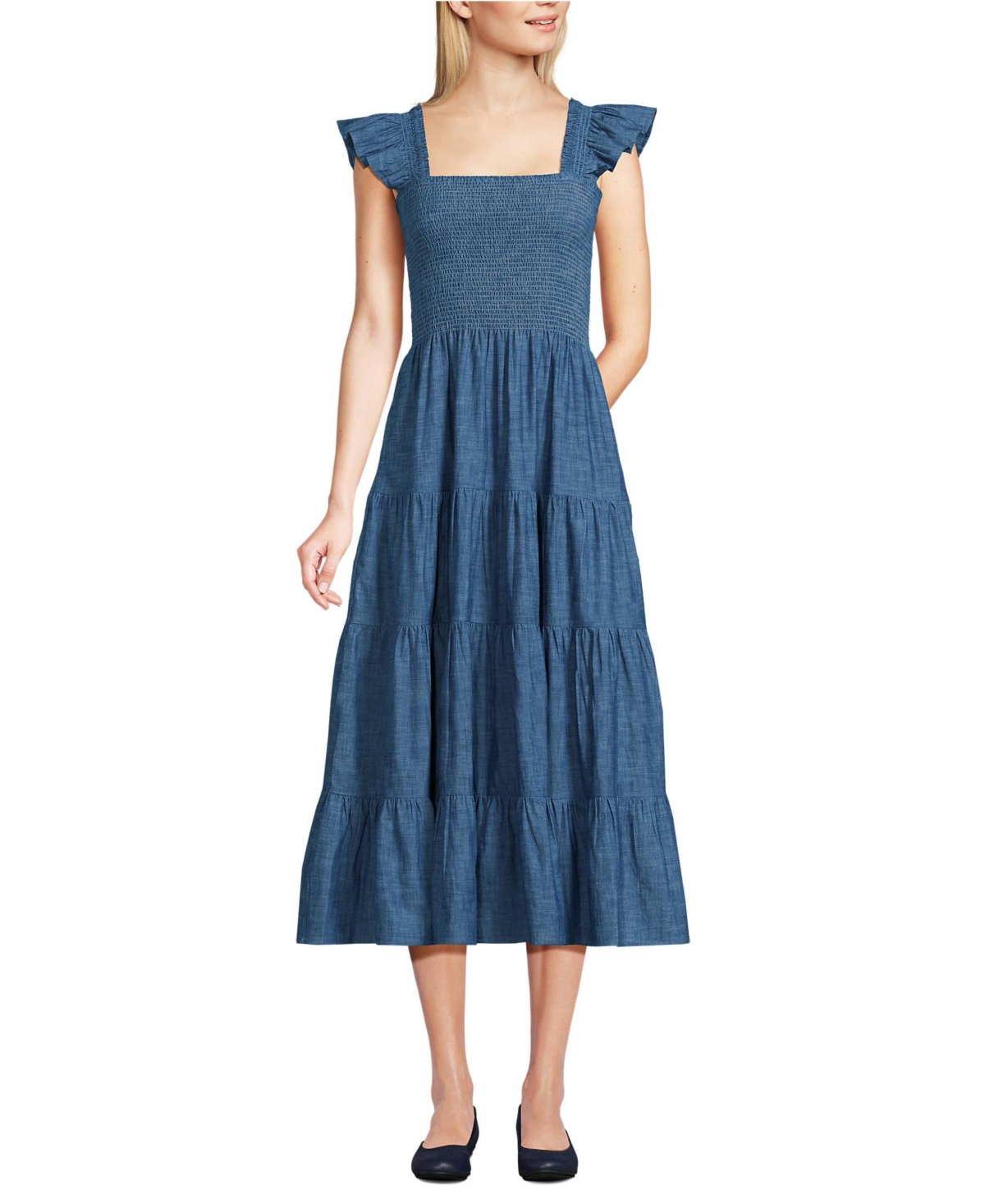Click here for Lands End Womens Chambray Smocked Dress with Ruffl... prices