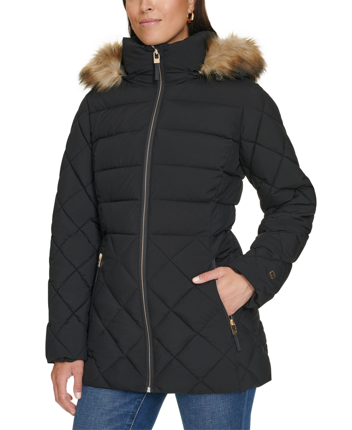 Tommy Hilfiger Womens Bibbed Faux-Fur-Trim Hooded Puffer Coat  Created for Macys - Black