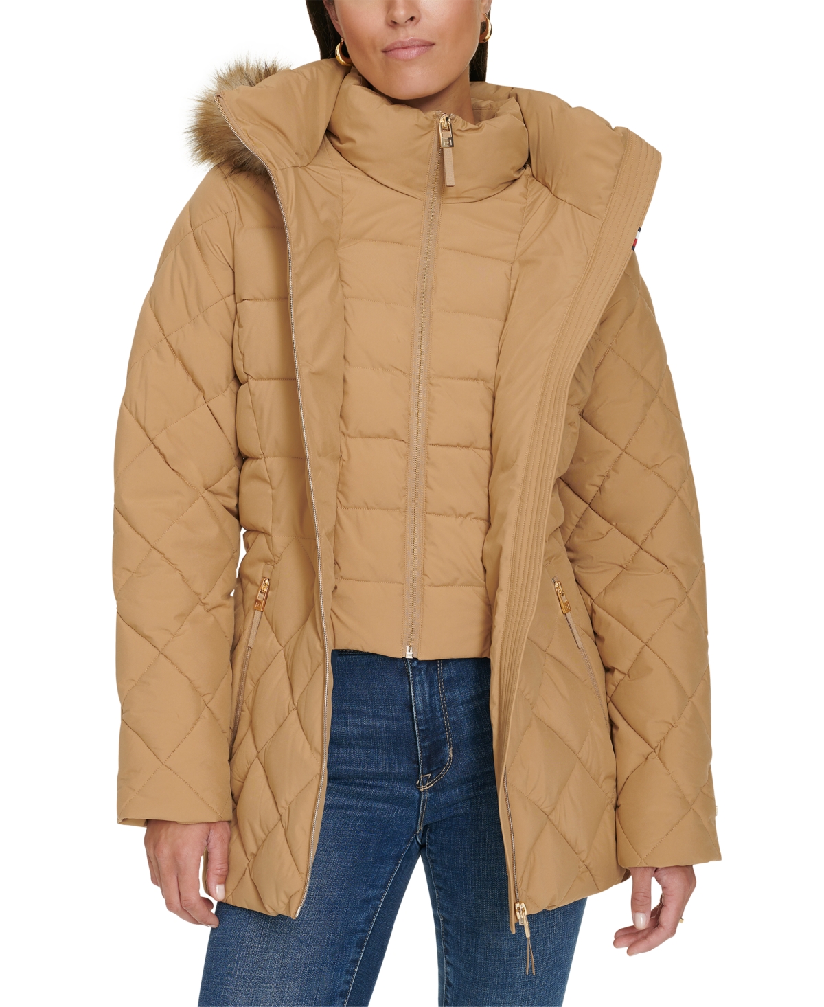 Click here for Tommy Hilfiger Womens Bibbed Faux-Fur-Trim Hooded... prices
