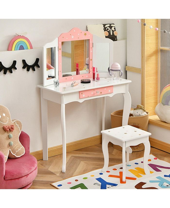 Slickblue Kids Princess Vanity Table and Stool Set with Tri-folding ...