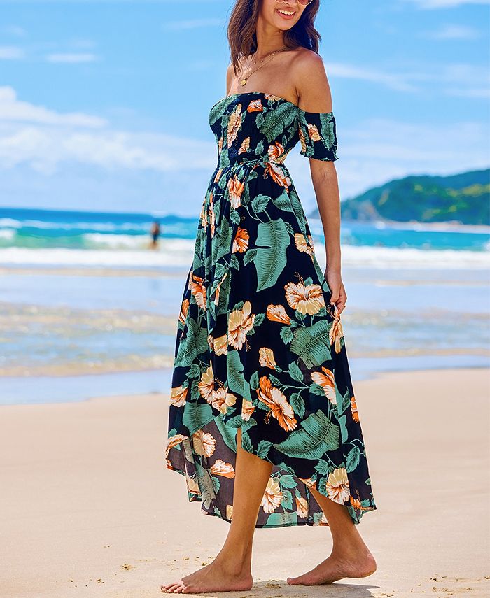 CUPSHE Women's Tropical Off-Shoulder Smocked Bodice Asymmetrical Maxi ...