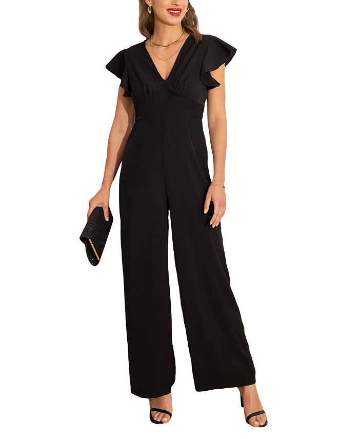 CUPSHE Women's Black V-Neck Flutter Sleeve Jumpsuit - Macy's