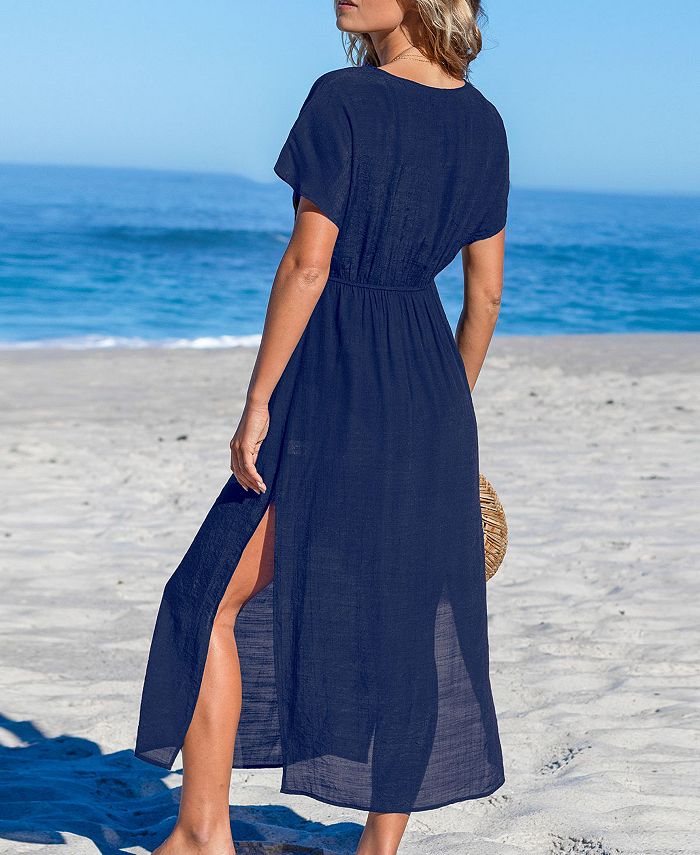 CUPSHE Women's Navy Round Neck Split Seam Maxi Cover-Up - Macy's