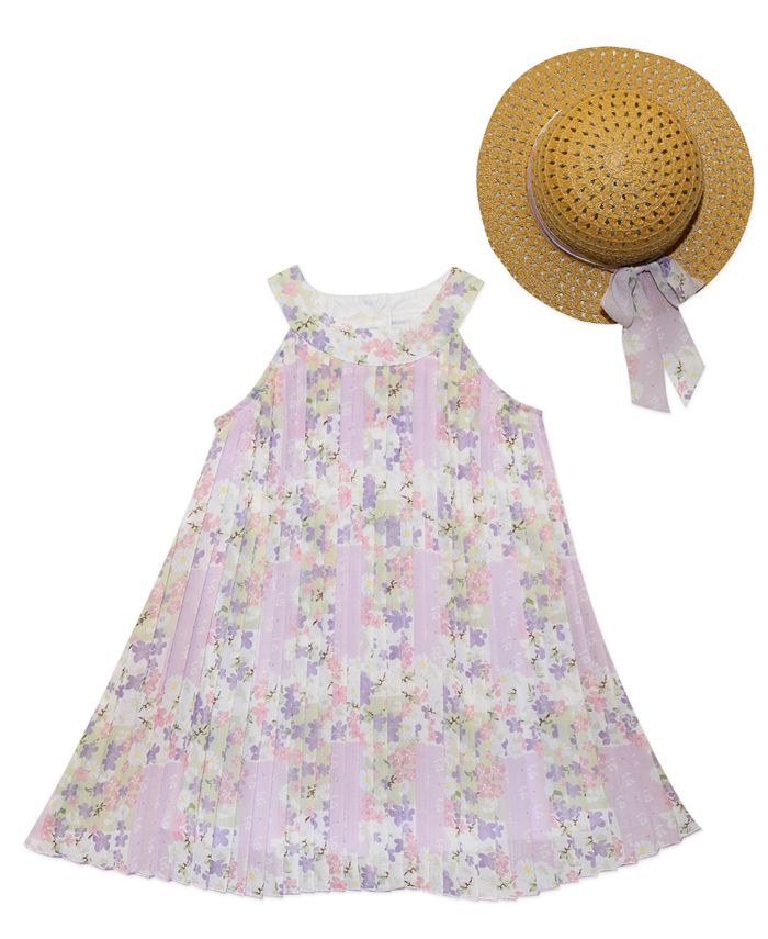 Blueberi Boulevard Baby Girls Lilac Floral Pleated Swing Dress Sun Hat ...