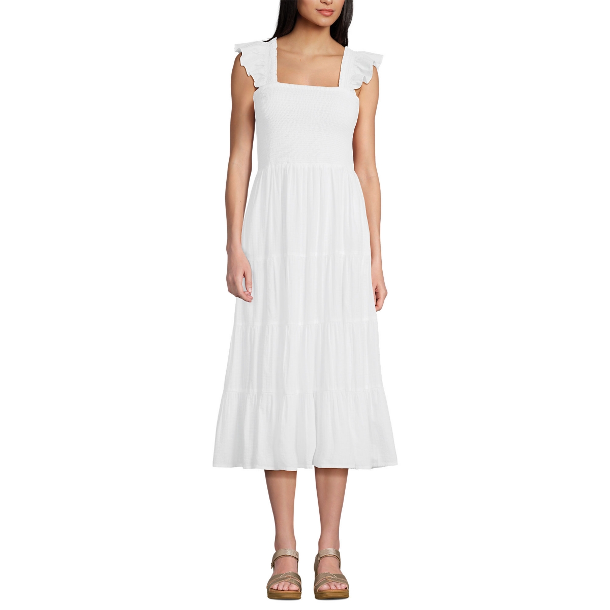 Click here for Lands End Womens Cotton Dobby Smocked Dress with R... prices