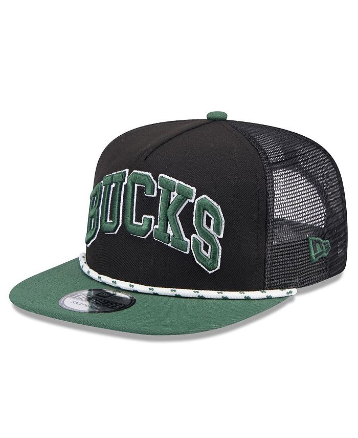 New Era Men's Black/Hunter Green Milwaukee Bucks Throwback Team Arch ...