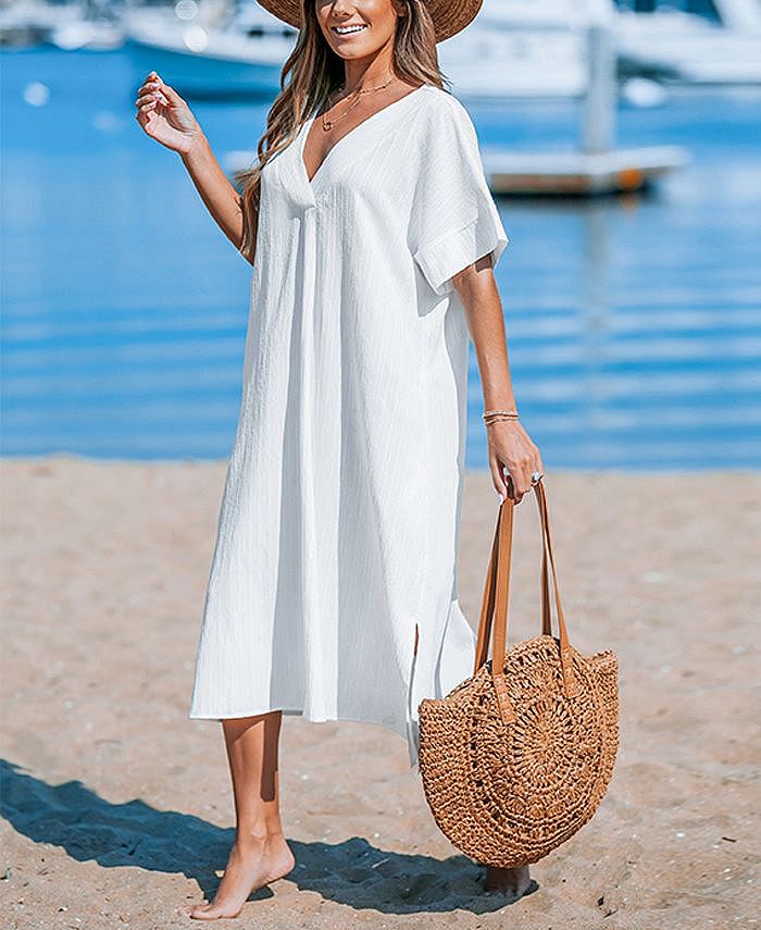 CUPSHE Women's White Dolman Sleeve Loose Fit Maxi Cover-Up Beach Dress - Macy's