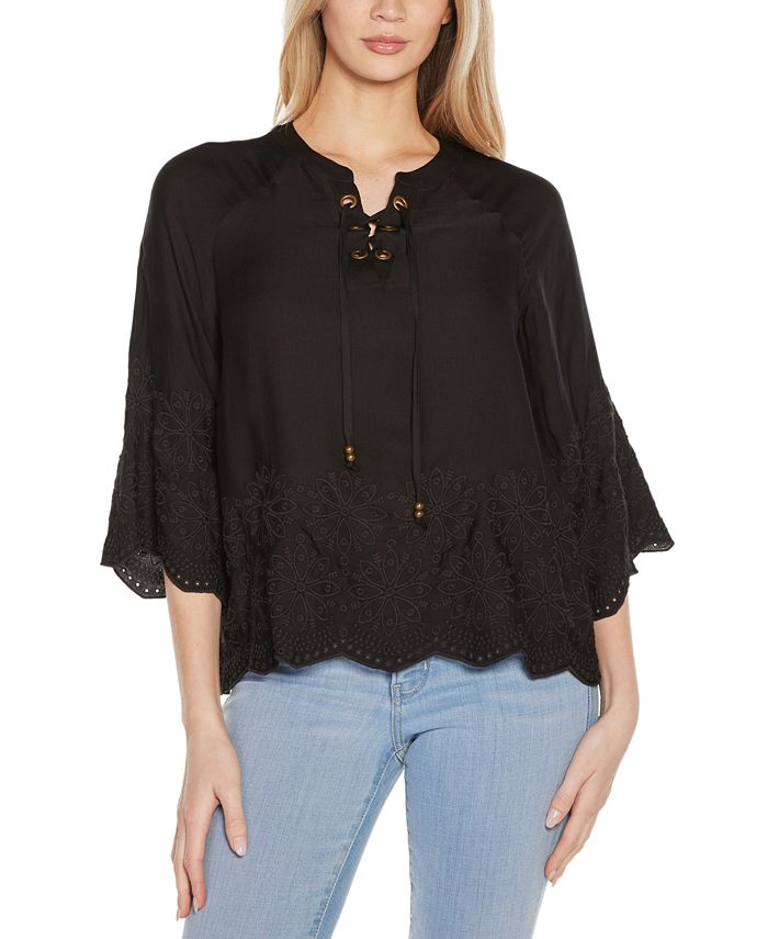 Belldini Women's Raglan 3/4-Sleeve Embroidered Top - Macy's