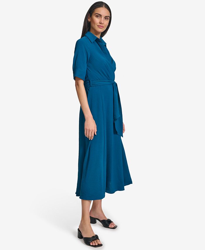 Calvin Klein Women's Tie-Waist Elbow-Sleeve Shirtdress - Macy's