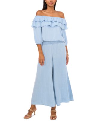 Sam & Jess Chambray Off-The-Shoulder Double-Ruffle Blouse & Smocked ...