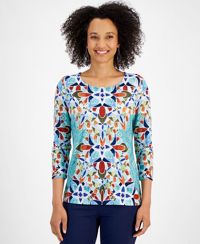 JM Collection Women's Printed 3/4 Sleeve Jacquard Top, Created for Macy ...