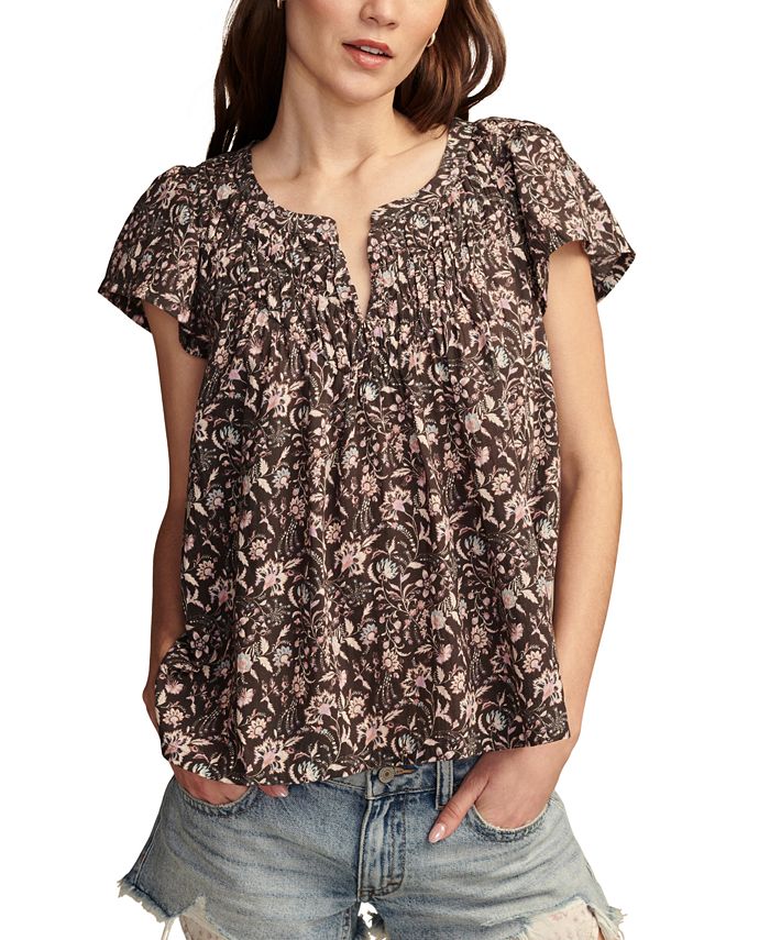 Lucky Brand Women's Cotton Smocked Flutter-Sleeve Top - Macy's