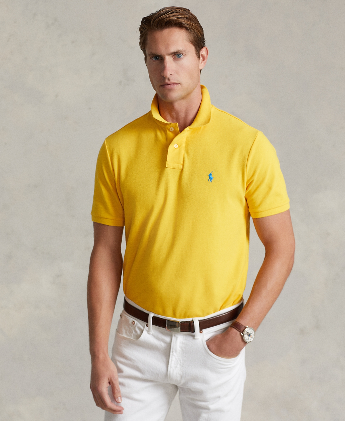 Polo Ralph Lauren Mens Classic-Fit Mesh Polo Shirt - Yellow Fin