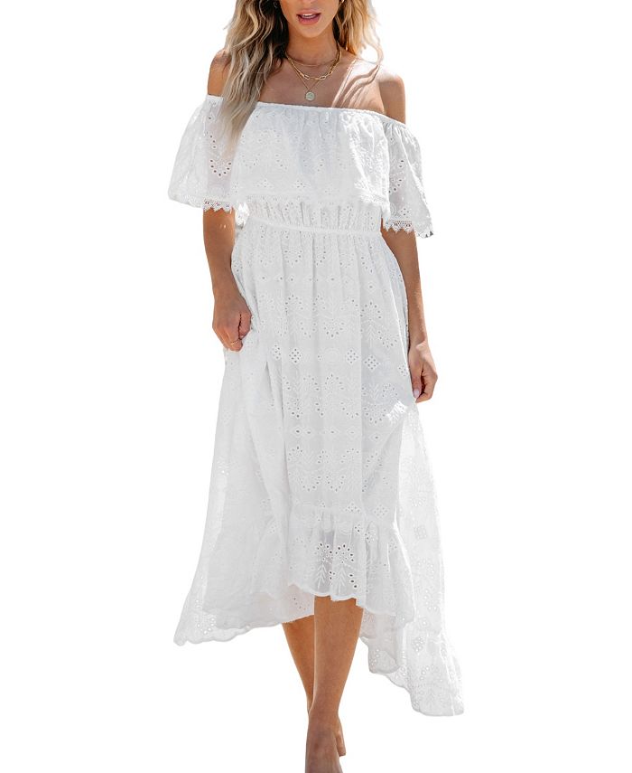 CUPSHE Women's White Eyelet Off-Shoulder Midi Beach Dress - Macy's