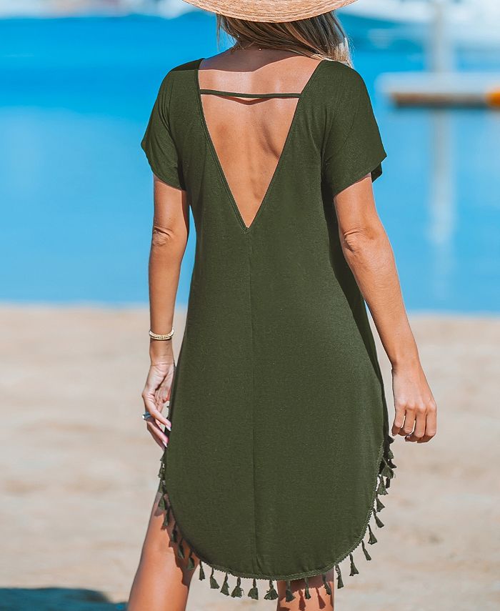 CUPSHE Women's Olive Short Sleeve Tassel Hem Mini Beach Dress - Macy's