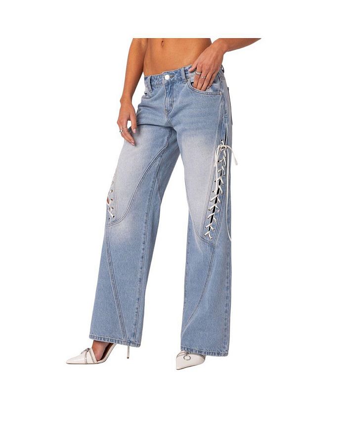 Edikted Women's Low Rise Ribbon Lace Up Jeans - Macy's