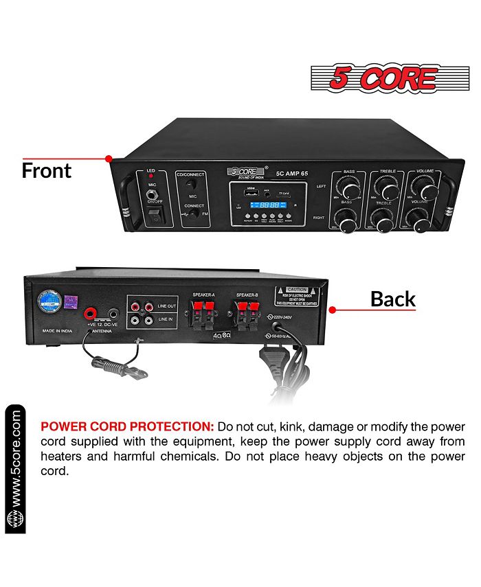 5 Core Amplifier 65W RMS Hi-Fi Stereo DJ Amp w USB + AUX + MIC + SD ...