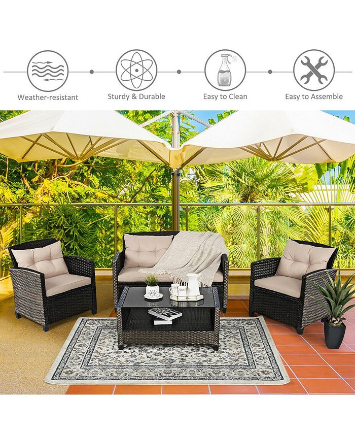 Gymax 4pcs Patio Rattan Conversation Set Cushioned Outdoor Furniture