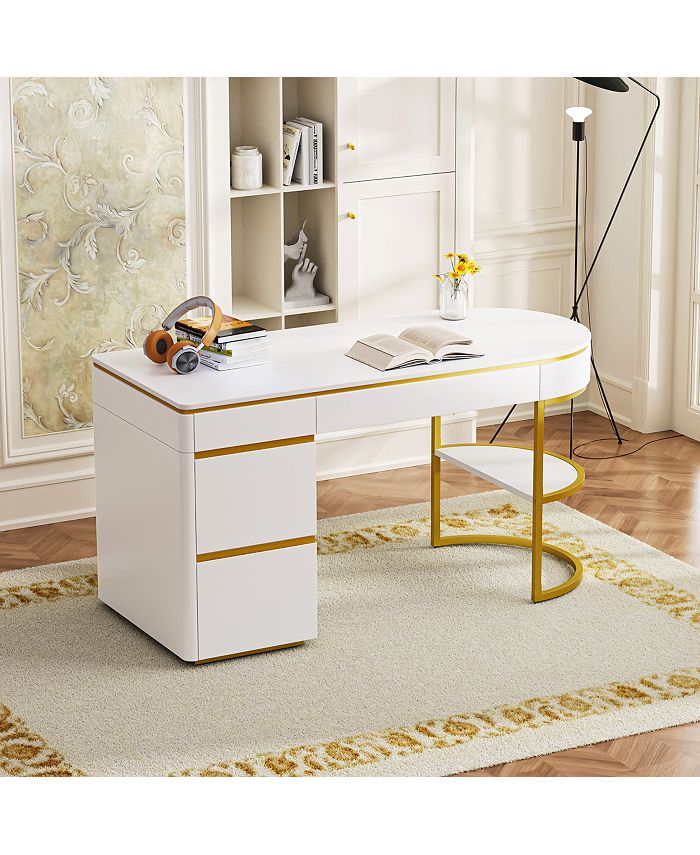 Simplie Fun 60" Modern Executive Desk Curved Computer Desk With Gold ...