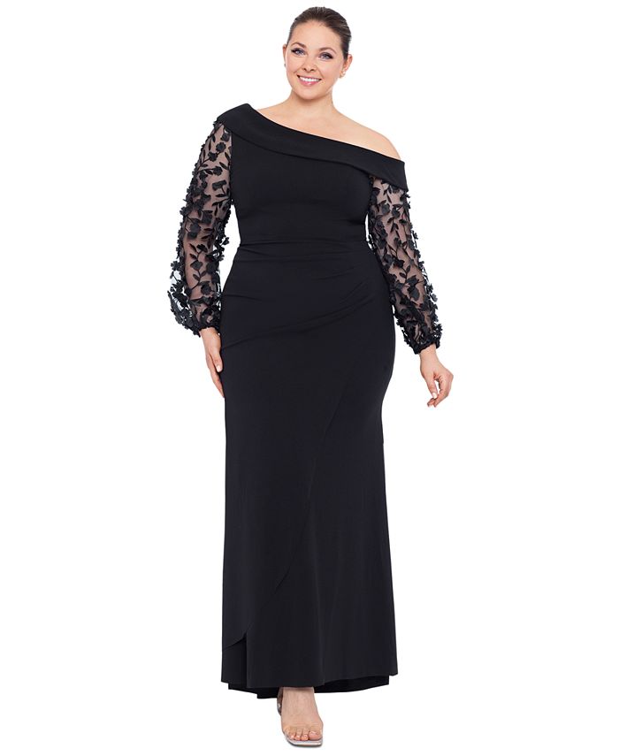 XSCAPE Plus Size Off-The-Shoulder Floral-Sleeve Gown - Macy's