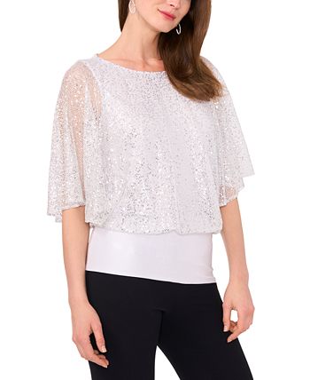 MSK Petite Sequin-Mesh Blouson-Sleeve Banded-Hem Top - Macy's