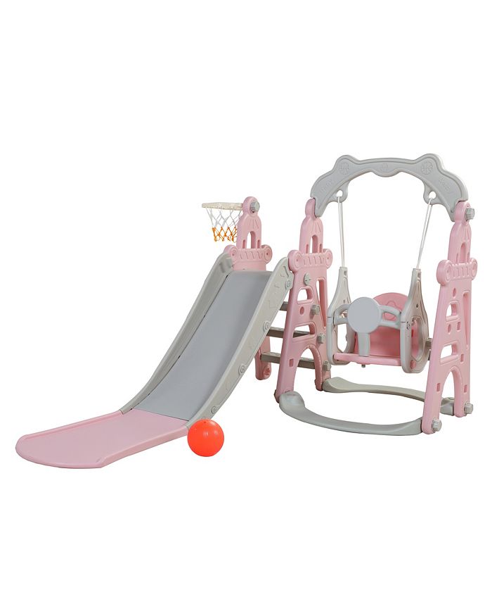 Simplie Fun 3-in-1 Kids Swing & Slide Set with Basketball Hoop, Pink ...