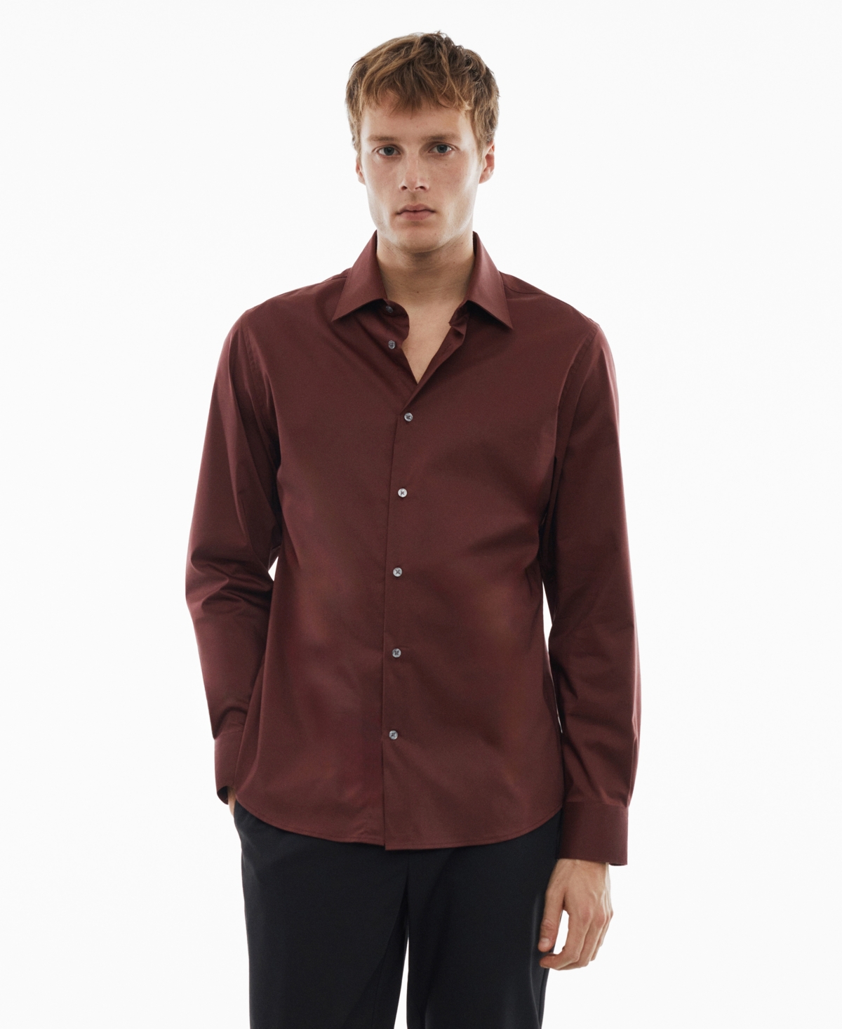 Click here for Mango Mens Slim Fit Stretch Cotton Shirt - Maroon prices