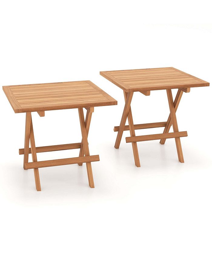 Gymax 2 Pieces Indonesia Teak Wood Folding End Table Square Side Table ...