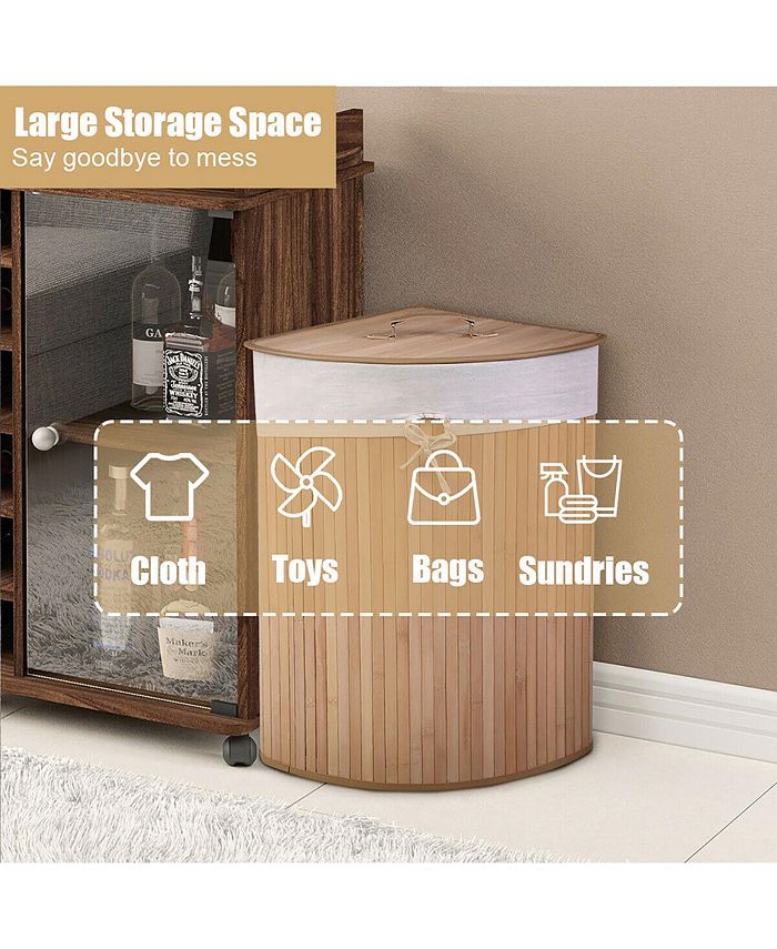 Costway Corner Bamboo Hamper Laundry Basket Washing Cloth Bin Storage ...