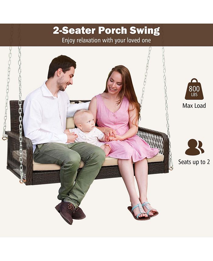 Costway Patio Wicker Porch Swing 2-Person Hanging Loveseat Bench Chair with Cushions - Macy's