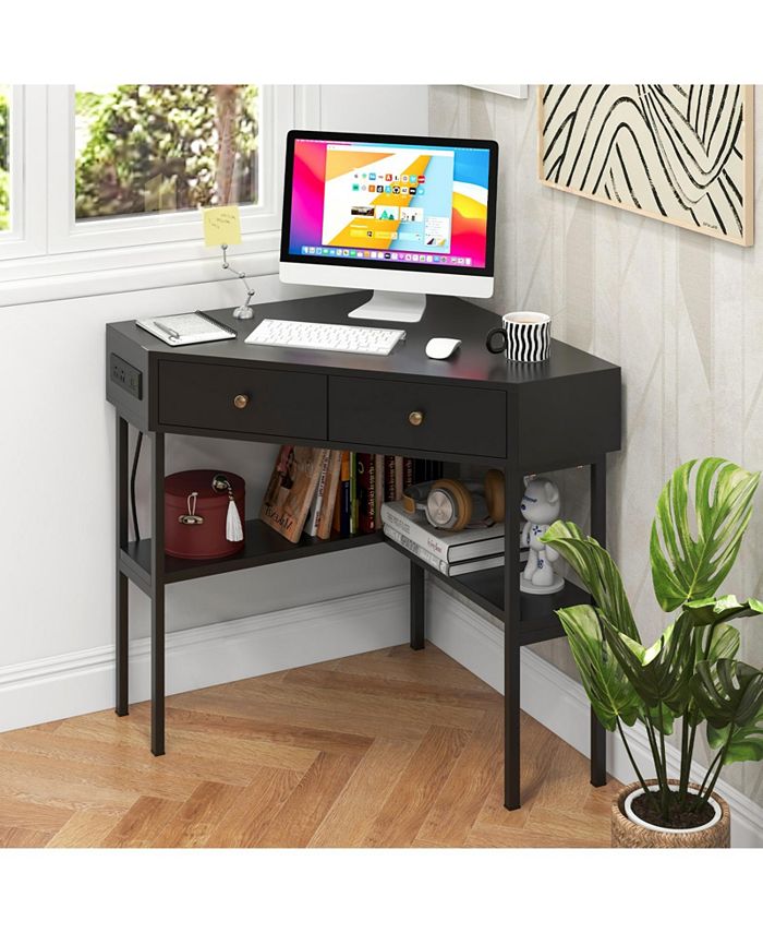 Slickblue Space Saving Corner Computer Desk with 2 Large Drawers and ...