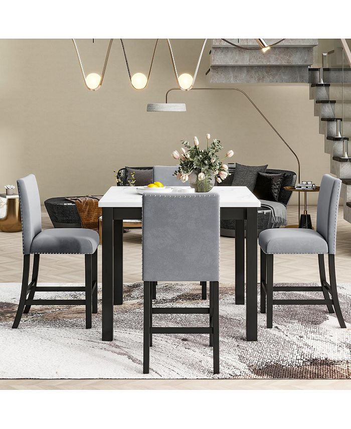 Simplie Fun 5-Piece Grey Dining Set: Faux Marble Table, 4 Velvet Chairs ...