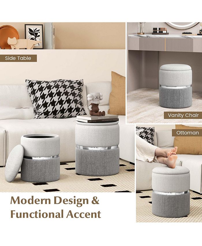 Costway Linen Fabric Storage Ottoman Set of 2 Modern Round Ottoman with ...