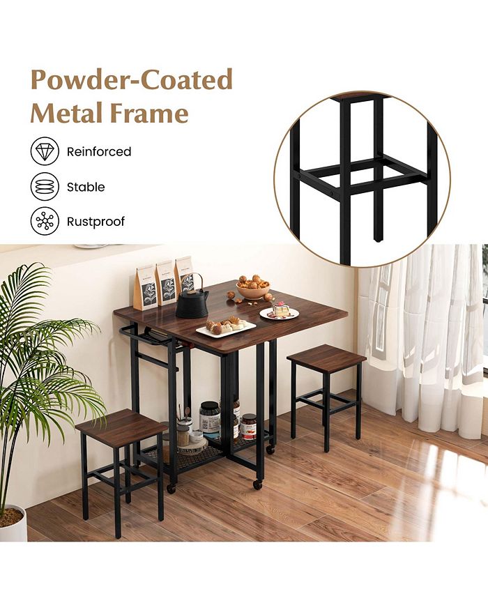 Costway 3 PCS Rolling Dining Table Set Extendable Kitchen Table 2 ...