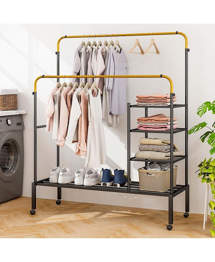 Costway Rolling Clothes Drying Rack Double Rods Garment Rack with ...