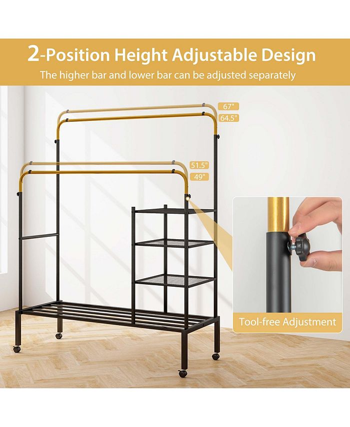 Costway Rolling Clothes Drying Rack Double Rods Garment Rack with ...