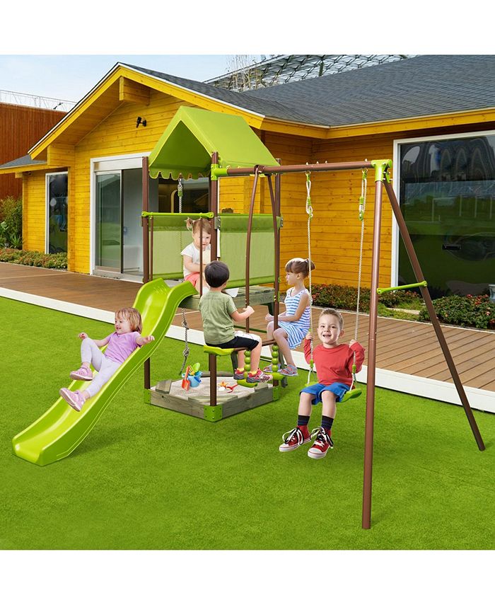 Costway 7-in-1 Swing Set with Covered Fort Height Adjustable Swing ...