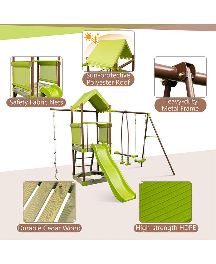 Costway 7-in-1 Swing Set with Covered Fort Height Adjustable Swing ...