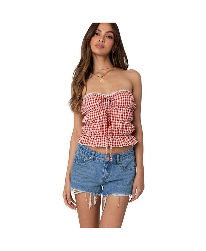 Edikted Women's Lanna Gingham Elastic Scrunch Top - Macy's
