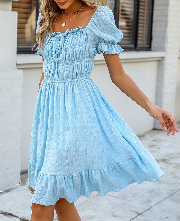 CUPSHE Women's Baby Blue Square Neck Puff Sleeve Mini Milkmaid Beach ...