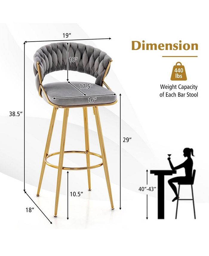 Slickblue 29 Inch Velvet Bar Stool Set of 2 with Woven Backrest and ...